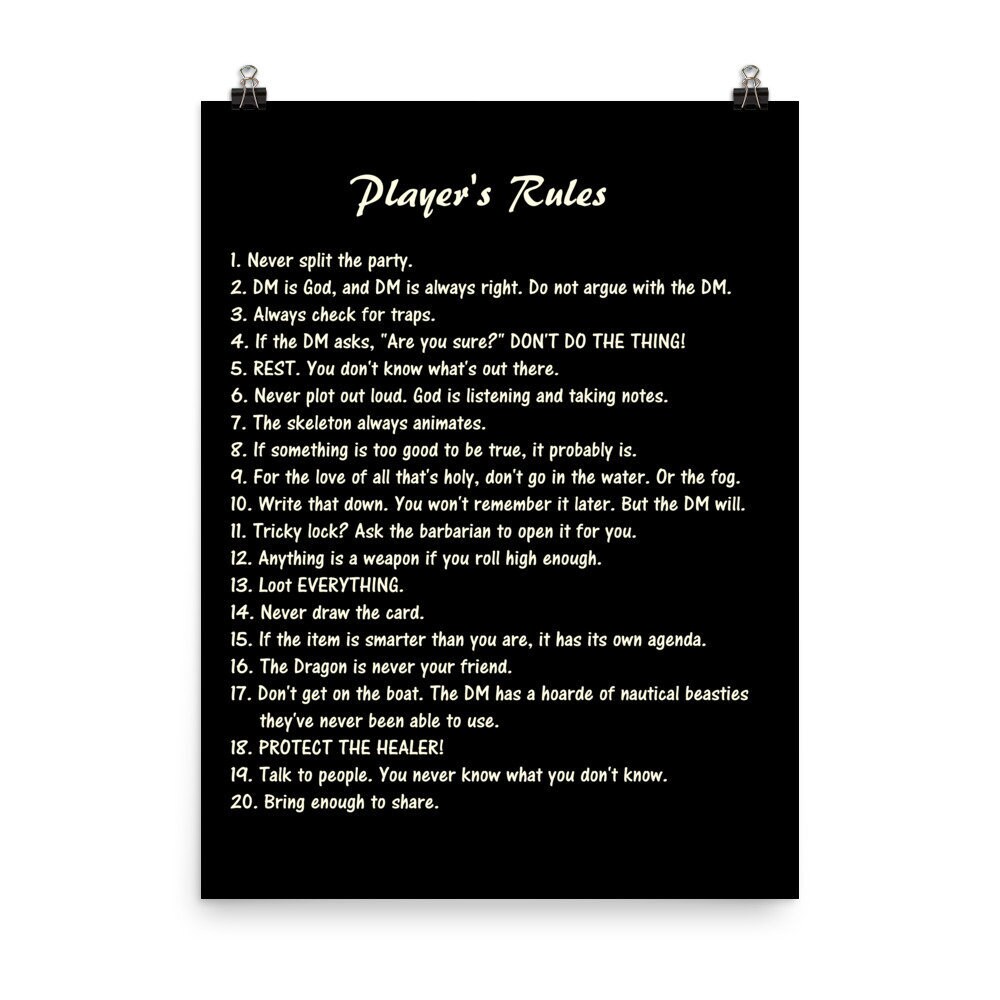 Player's Rules Poster - D&D / Dungeons and Dragons - 20 Things ...