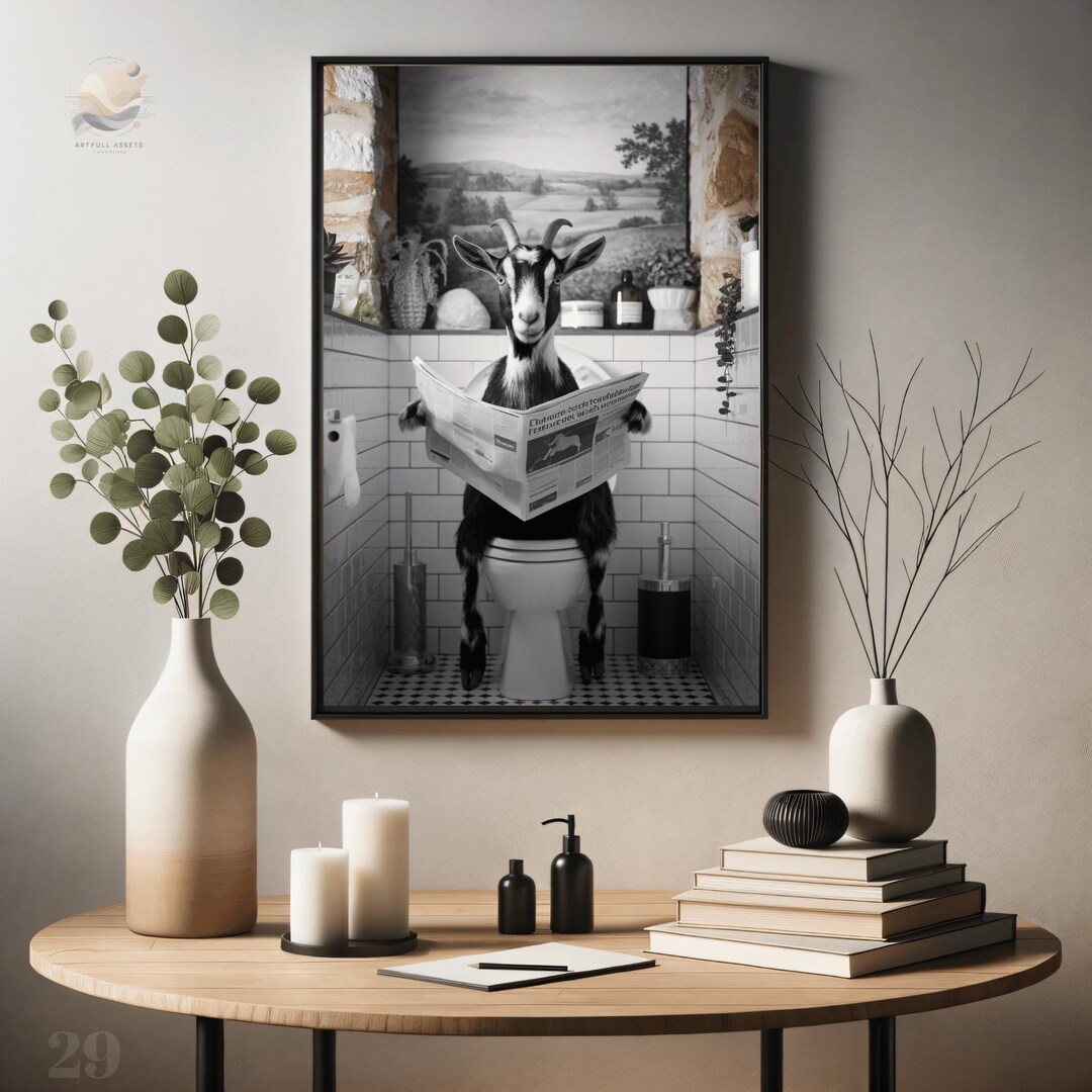 Goat Sitting on the Toilet Reading Newspapers, Funny Wall Decor, Animal ...