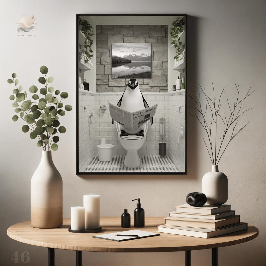Penguin Sitting on the Toilet Reading Newspapers, Funny Wall Decor ...