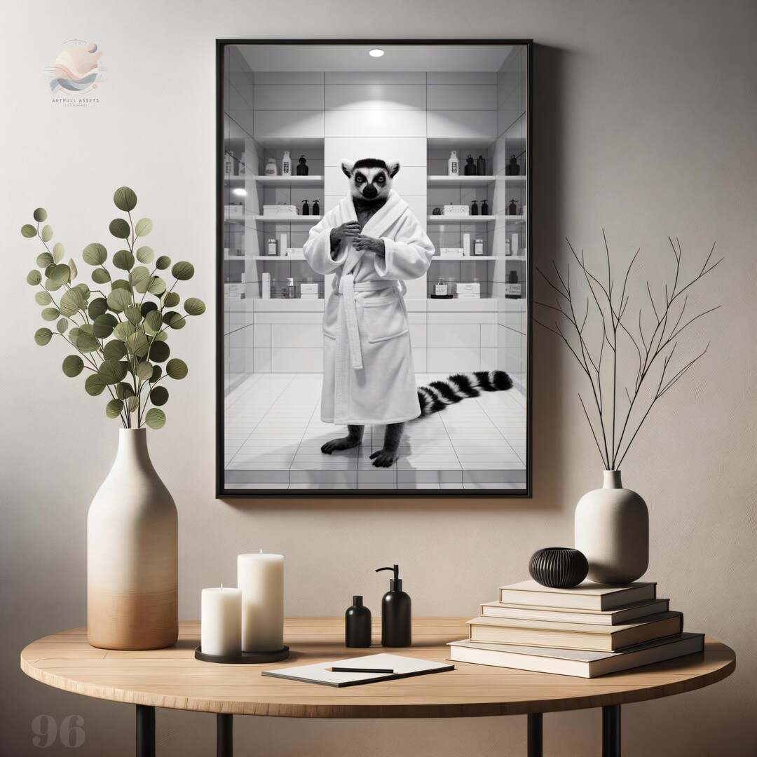 Lemur Sitting on the Toilet Reading Newspapers, Funny Wall Decor ...