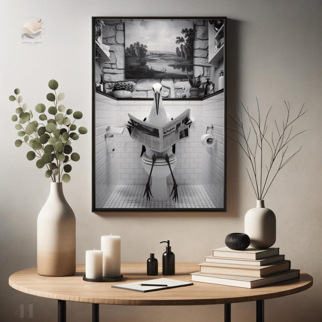 Stork Sitting on the Toilet Reading Newspapers, Funny Wall Decor ...