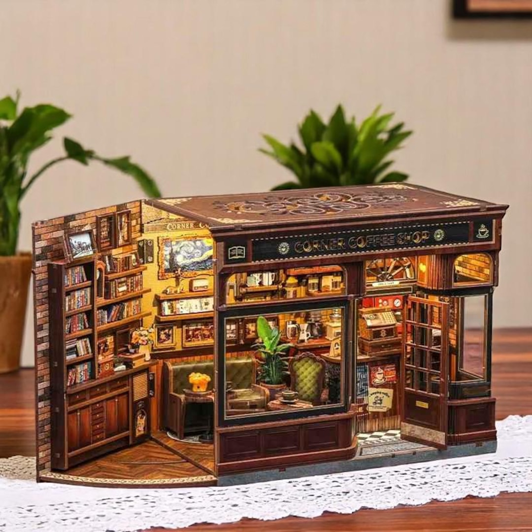 Corner Coffee Shop Book Nook Kit – DIY Miniature Dollhouse With LED ...