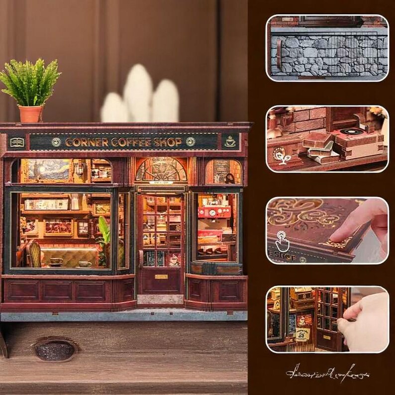 Corner Coffee Shop Book Nook Kit – DIY Miniature Dollhouse With LED ...
