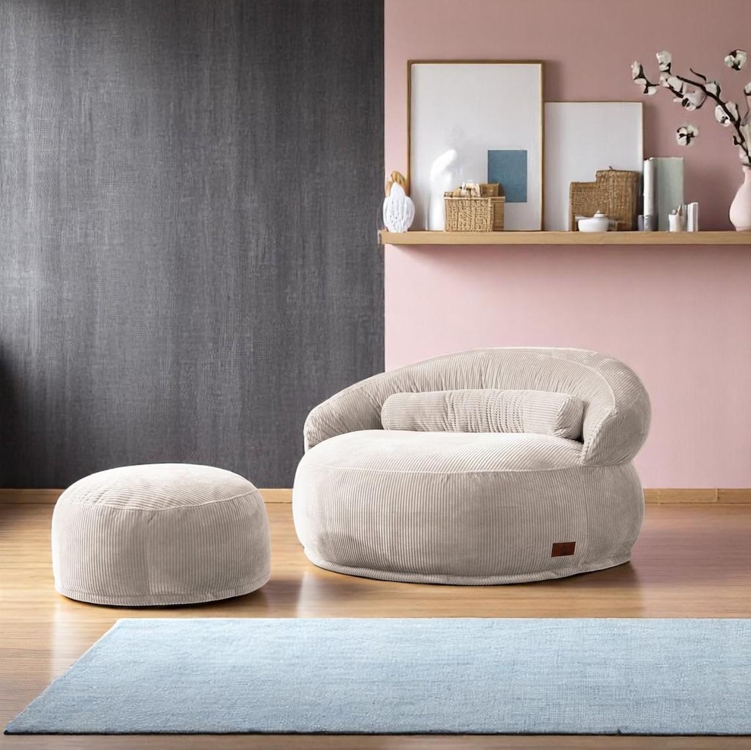 Corduroy Cream Cozy Pouf Sofa, Large Bean Bag Chair, Comfortable Lazy ...