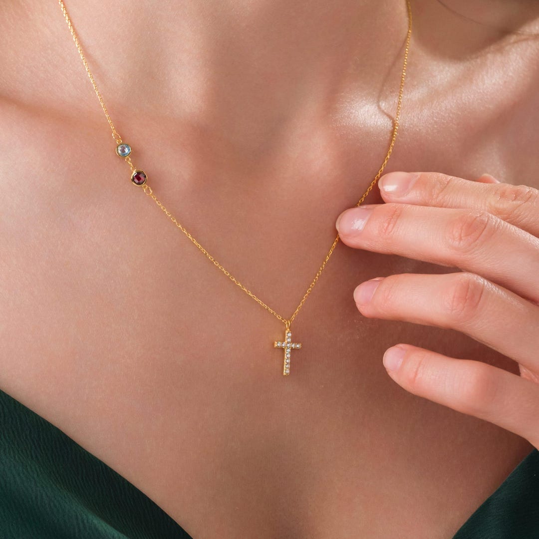 Birthstones Cross Necklace, Dainty Birthstone Necklace,tiny Cross ...