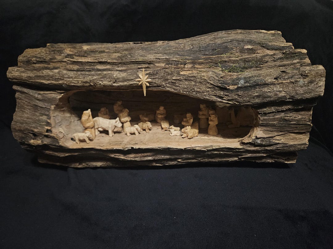 Extra Large Hollow Log Nativity Scene – 24" Natural Basswood Carving ...