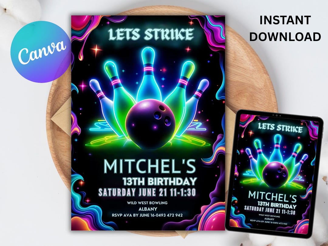 Glow Bowling Birthday Invitation, Neon Party, Editable Canva (digital ...