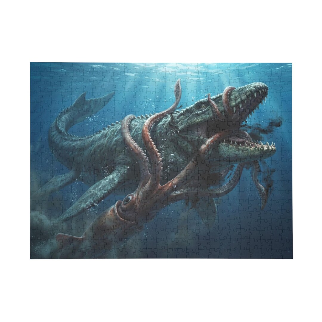 Mosasaurus Vs Giant Squid Jigsaw Puzzle - Epic Deep Sea Battle Art ...