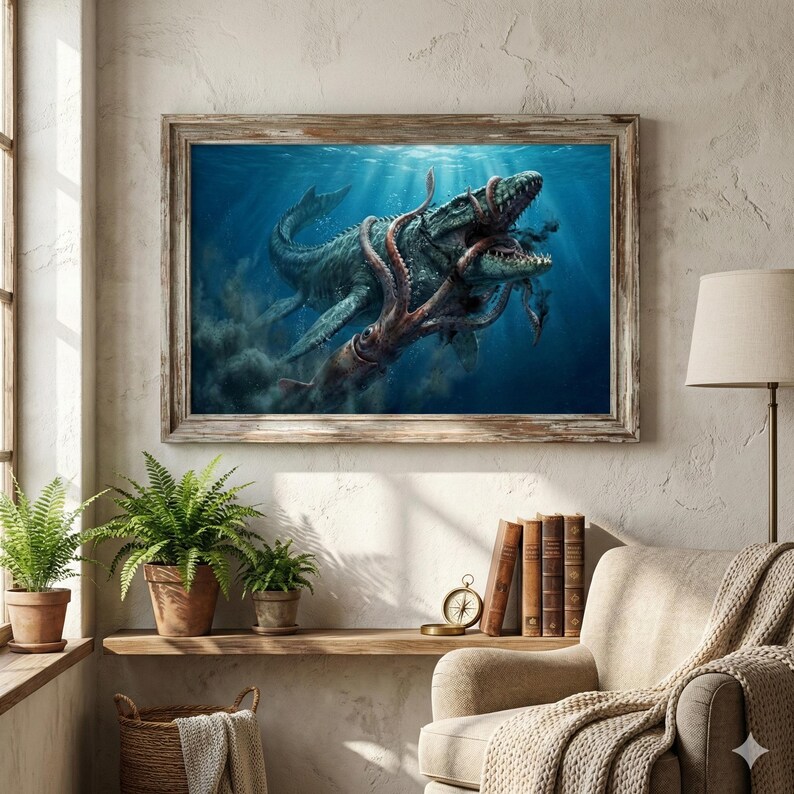 Mosasaurus Vs Giant Squid Jigsaw Puzzle - Epic Deep Sea Battle Art ...
