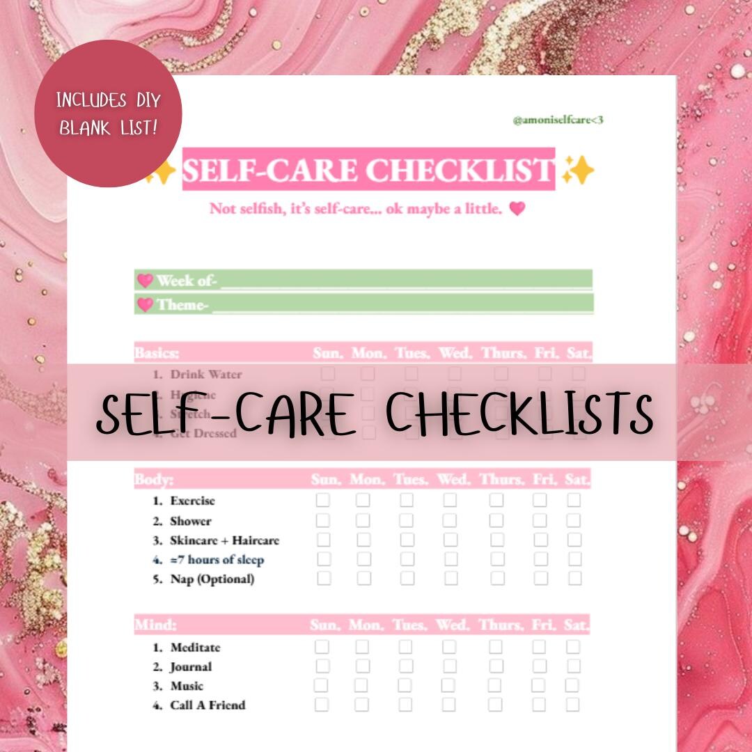 Pretty Green and Pink Self Care Checklist, Self Care Planner, Self Care ...