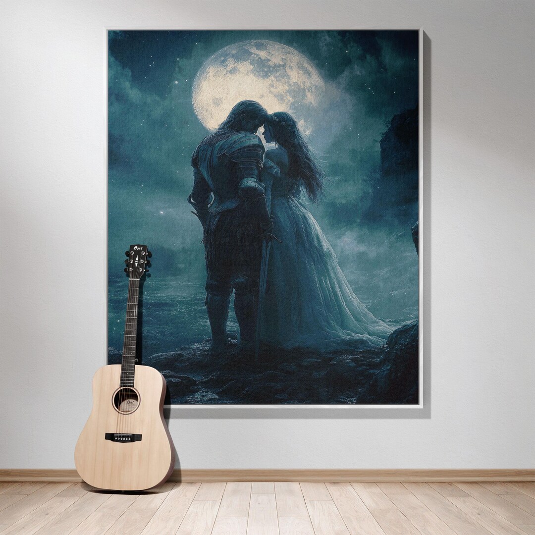 Romantic Fantasy Art Print, Knight and Princess Under Full Moonlight ...