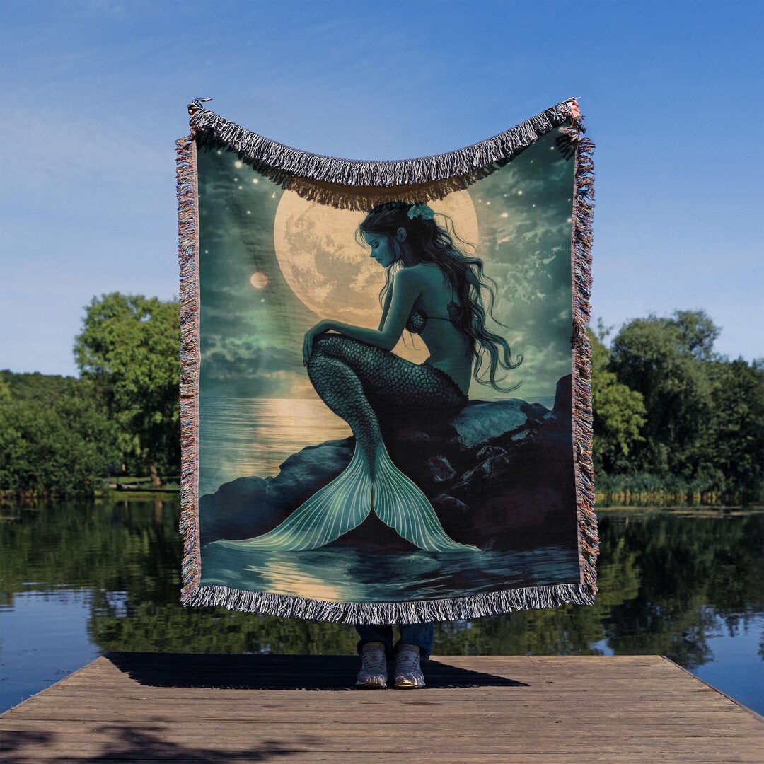Romantic Fantasy Art Print, Mermaid Under Full Moonlight, Cozy Love ...