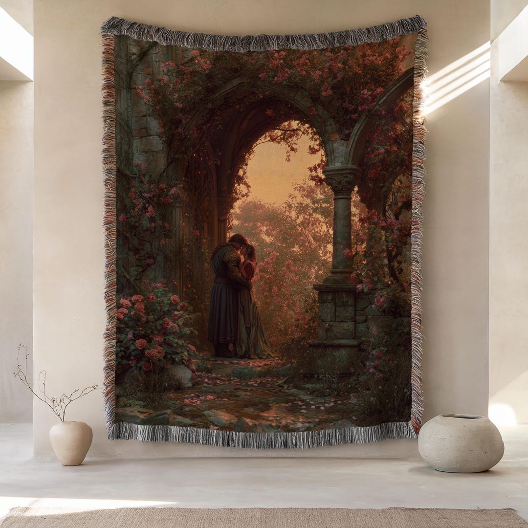 Castlecore Medieval Romance Woven Throw Blanket Knight and Maiden ...