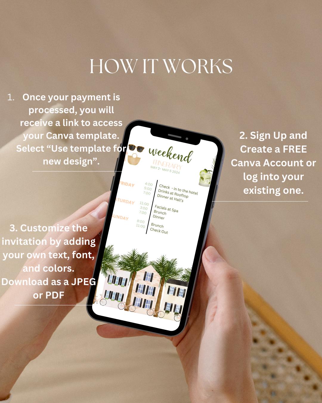 Charleston Bachelorette Weekend Invite + Itinerary, Invite, Template ...