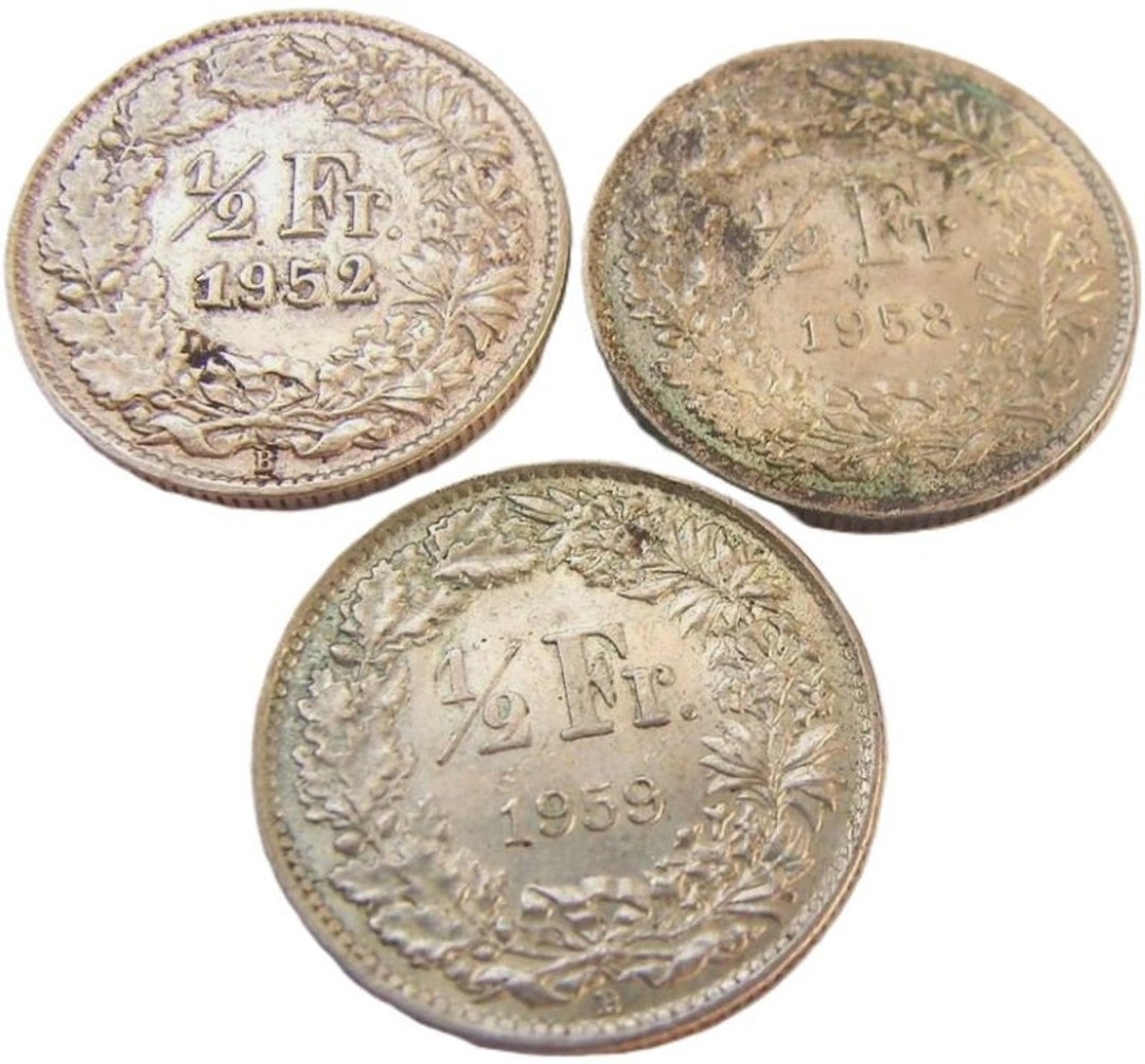 SWISS, 1952-58-59, X3 SILVER Coins Lot, SWITZERLAND, 1/2 Franc Helvetia ...