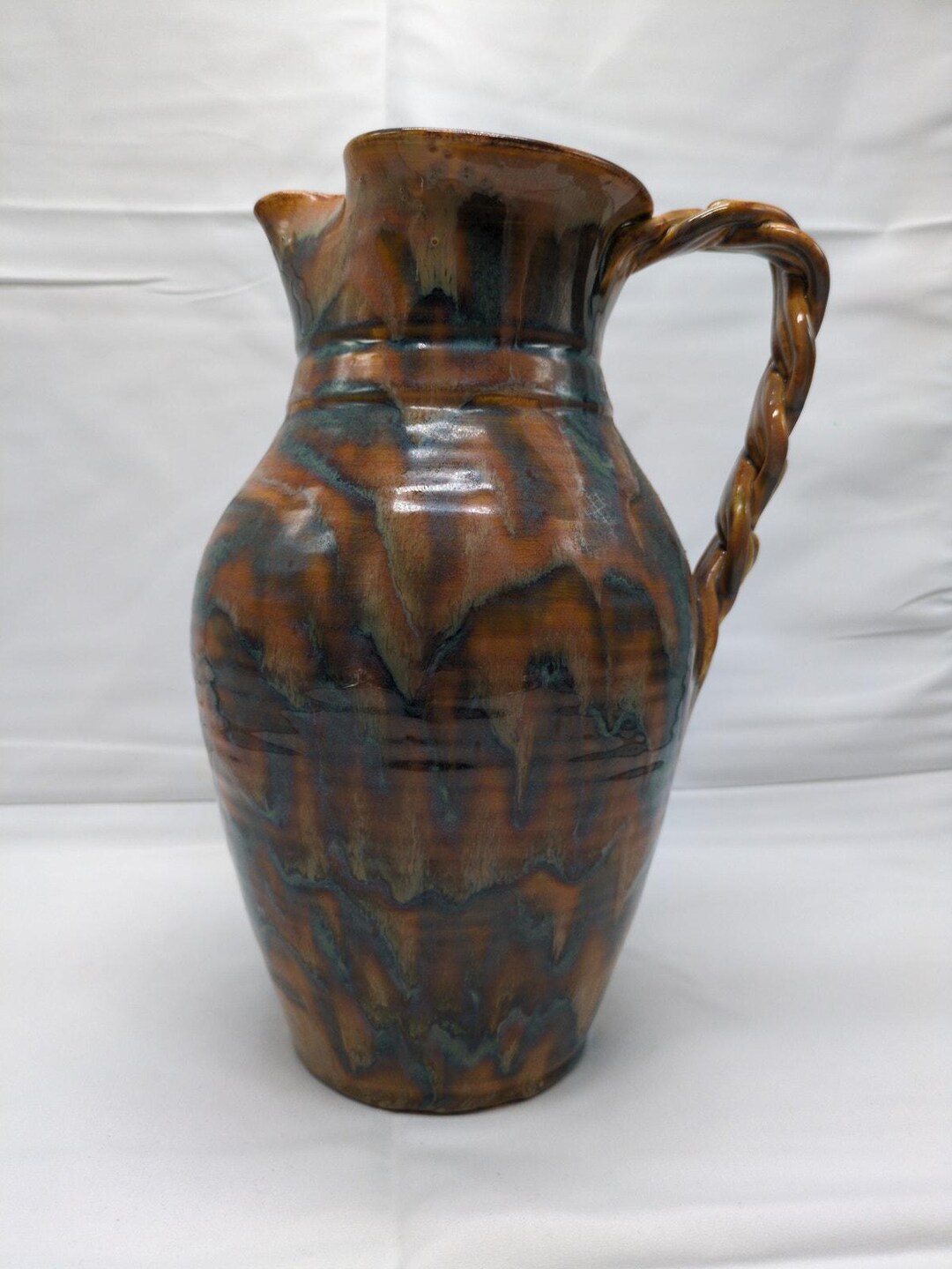 Signed Windsong Pottery 11 " Pinched Spout Pitcher NC Pottery Tan Blue ...
