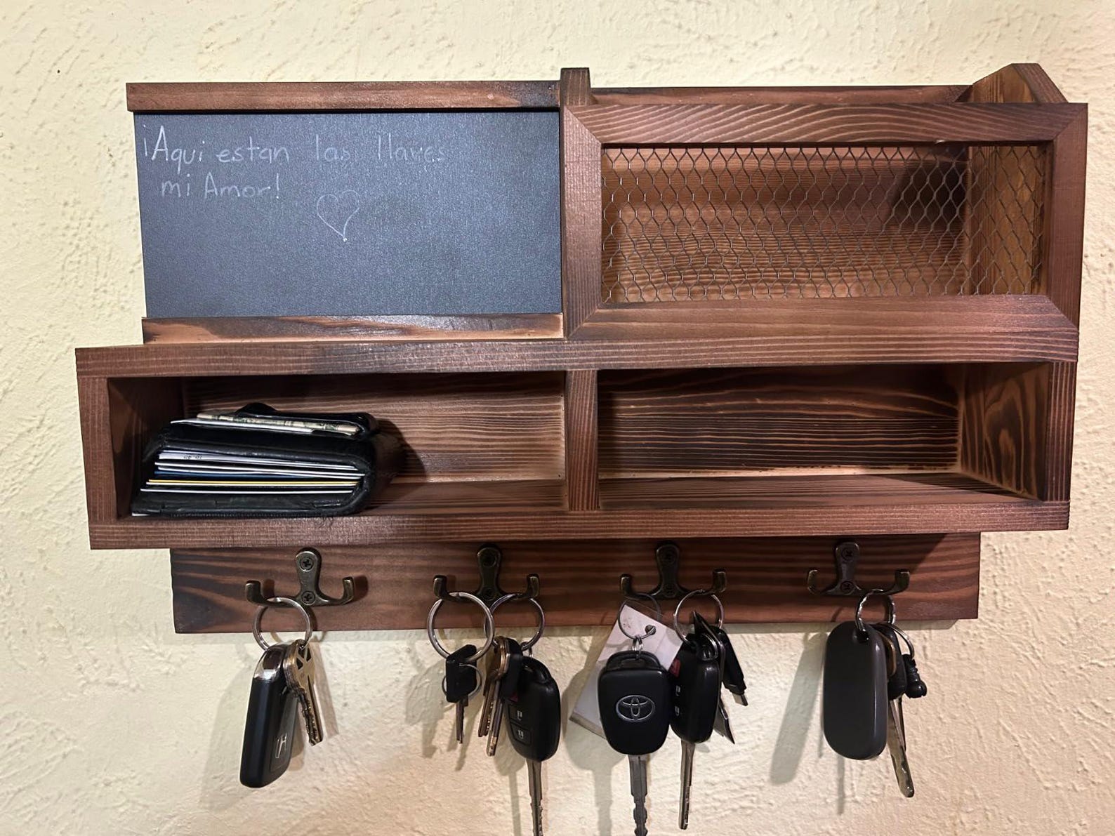 Wall Mounted Key Holder | Wooden Key Mail Holder With Chalkboard Mirror ...