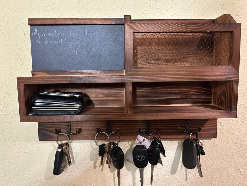 Wall Mounted Key Holder | Wooden Key Mail Holder With Chalkboard Mirror ...