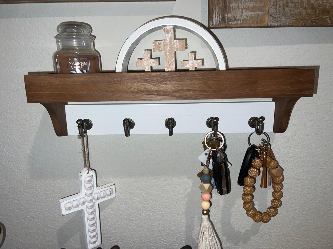 Wall Key Holder With Shelf Farmhouse Key Rack With 5 Retro Keys Hooks ...