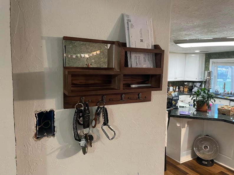 Wall Mounted Key Holder | Wooden Key Mail Holder With Chalkboard Mirror | Mail Key Organizer ...