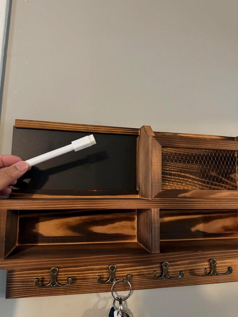 Wall Mounted Key Holder | Wooden Key Mail Holder With Chalkboard Mirror ...