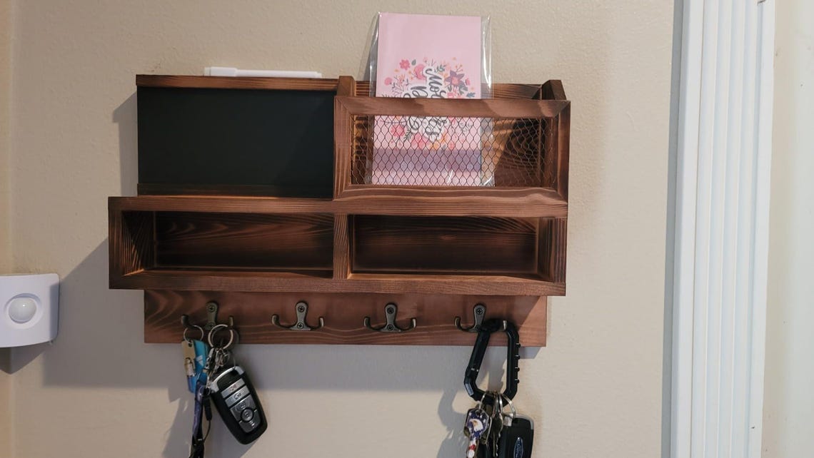Wall Mounted Key Holder | Wooden Key Mail Holder With Chalkboard Mirror ...