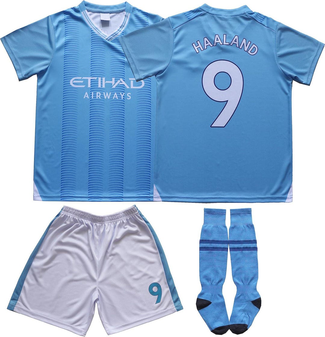 Haaland 9 Kids Manchester Blue Soccer Kit Full Set With Jersey, Shorts ...