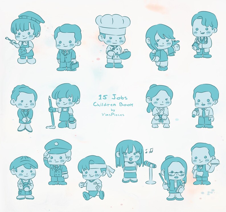 15 Jobs Children Book (illustration Bundle) - Color, Bnw, Pink, Cyan ...