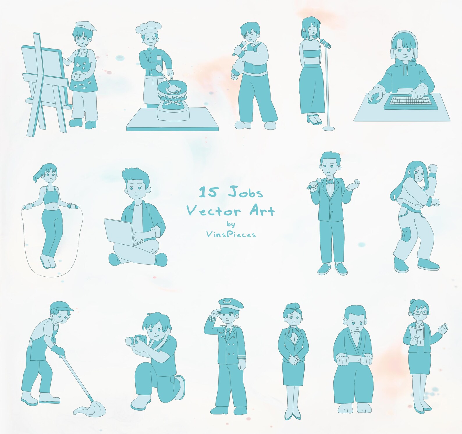 15 Jobs Vector Art (illustration Bundle) - Color, Bnw, Pink, Cyan - Ai ...