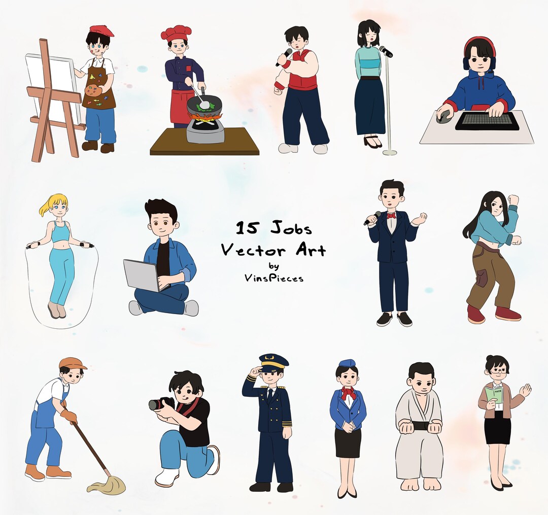 15 Jobs Vector Art (illustration Bundle) - Color, Bnw, Pink, Cyan - Ai ...