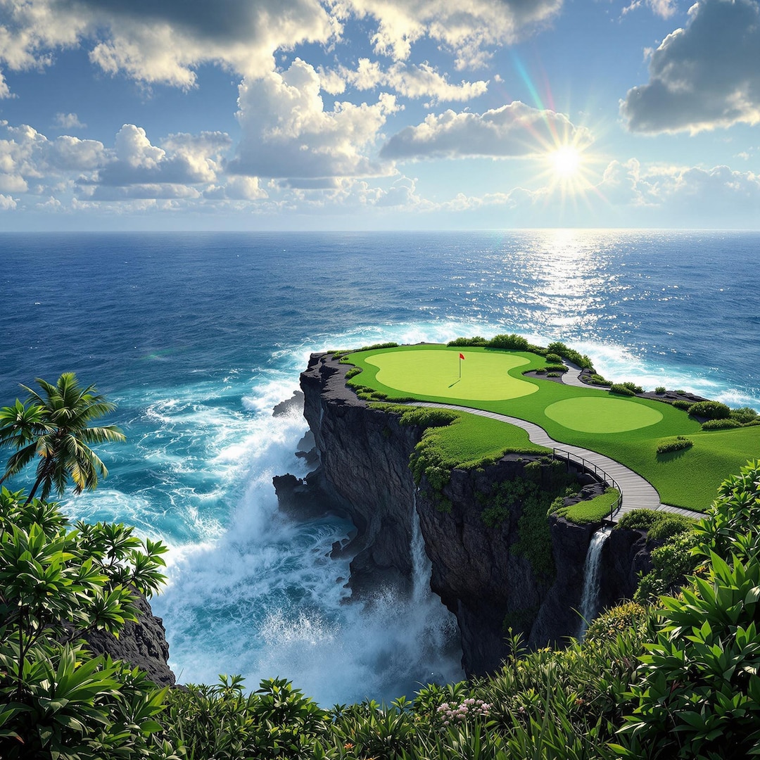 Ocean Golf Course Digital, Wall Art, Coastal Cliffside Green, Tropical ...