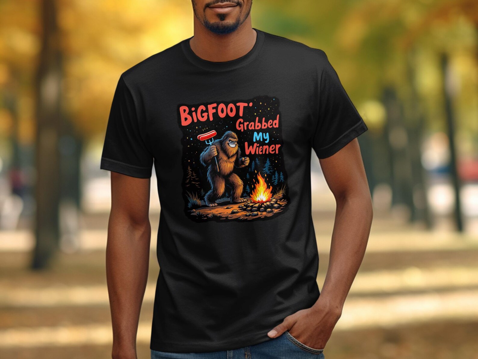 Bigfoot Grabbed My Wiener T-shirt, Funny Sasquatch Tee, Campfire Humor ...
