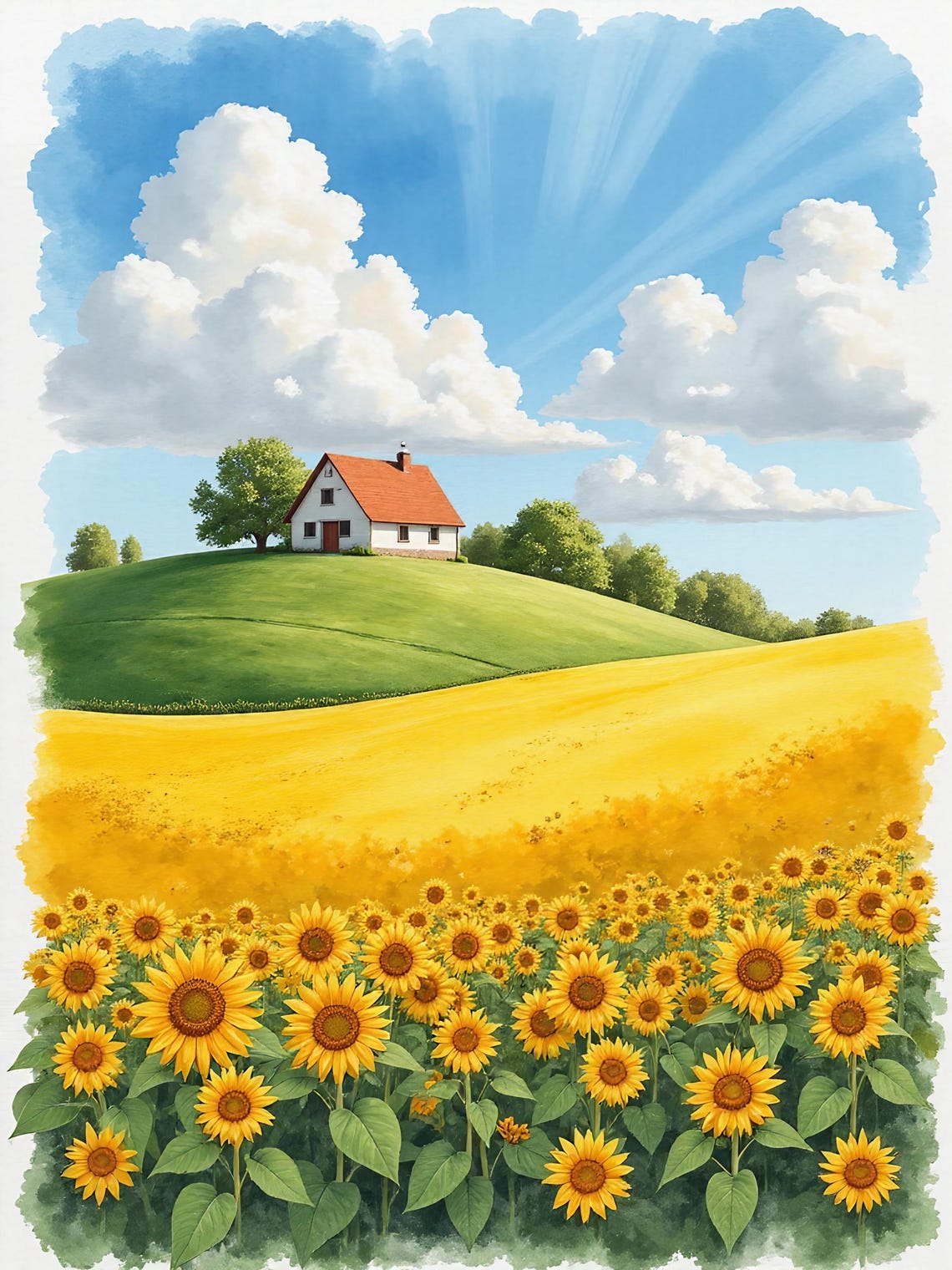 Sunflower Field Art, Cottagecore Landscape, Digital, Greeting Card ...