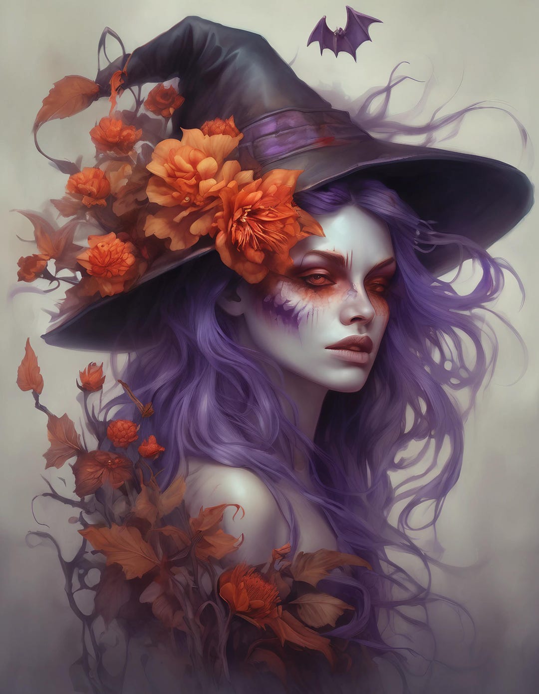 Witch Digital Art, Halloween Printable, Purple Hair Witch, Floral Witch ...