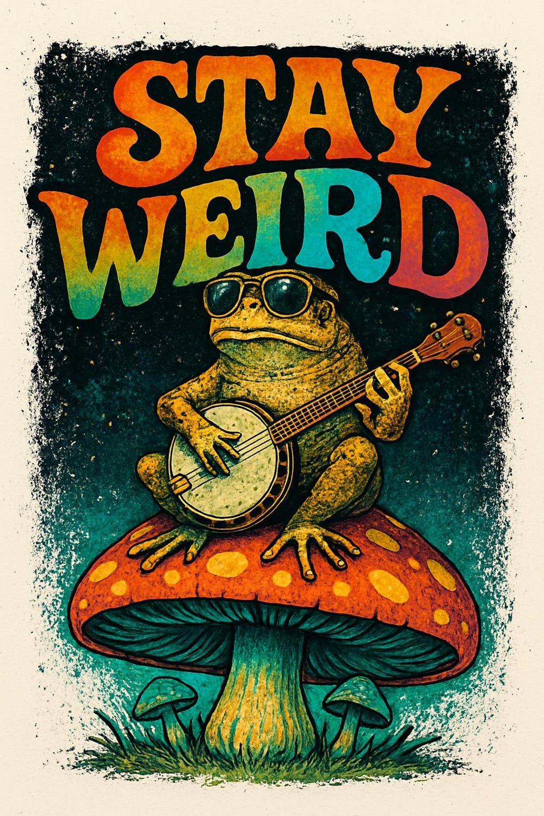 Stay Weird Frog Digital Art, Banjo Playing Toad Print, Mushroom Art ...