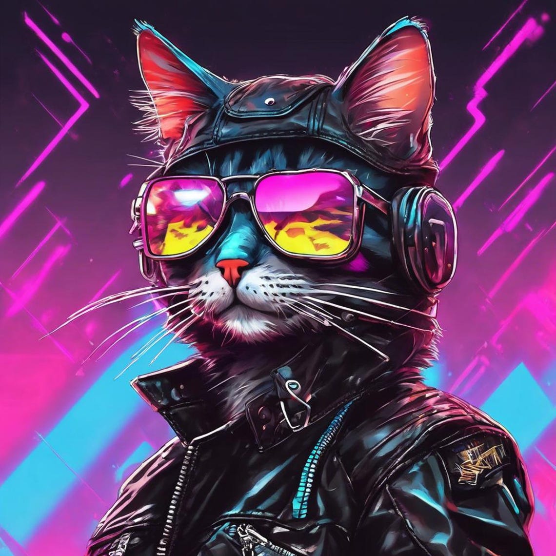 Retro Futuristic Cat Digital Art Print, Neon Cyberpunk Cat With ...