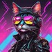 Retro Futuristic Cat Digital Art Print, Neon Cyberpunk Cat With ...
