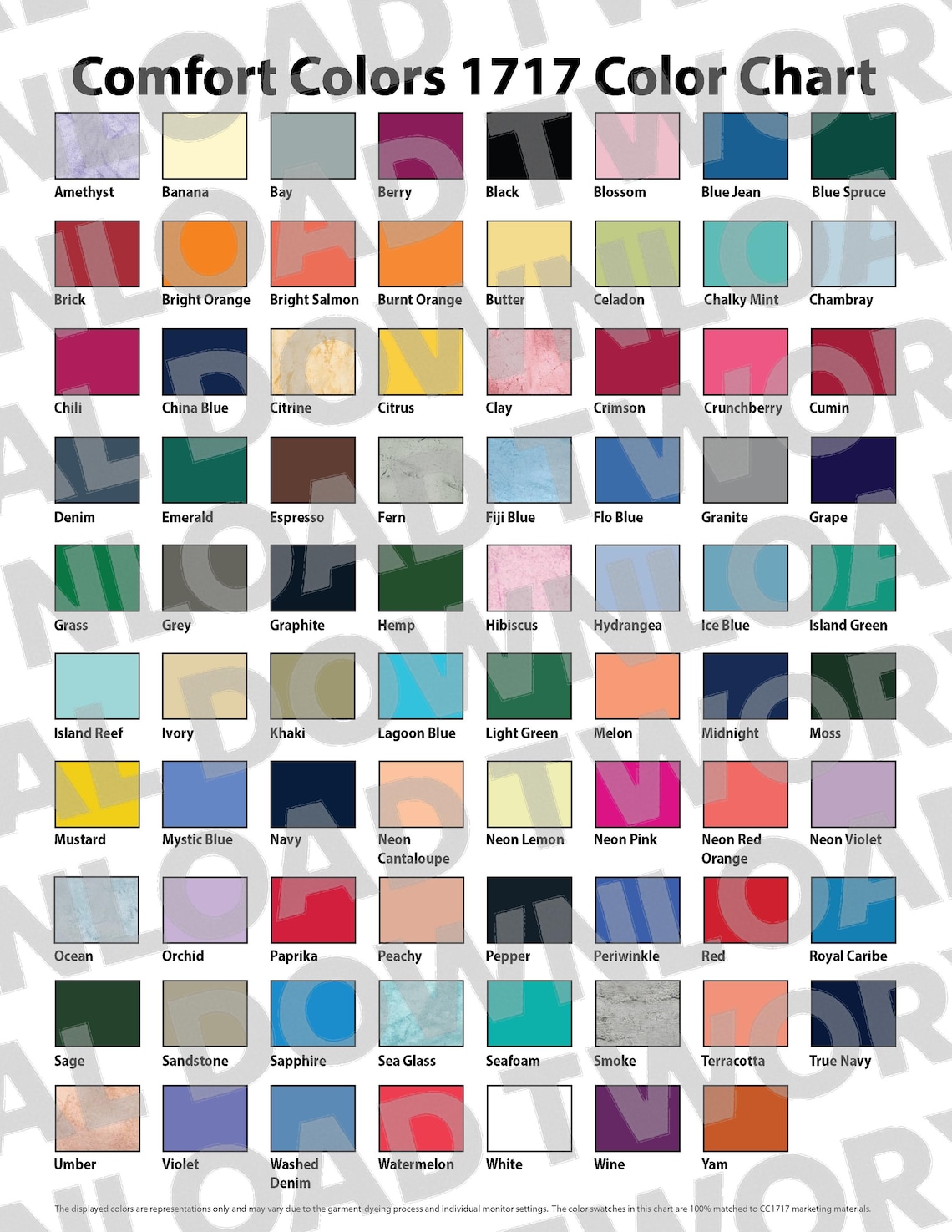 Comfort Colors 1717 Color Chart for Apparel Mockups (digital Download ...