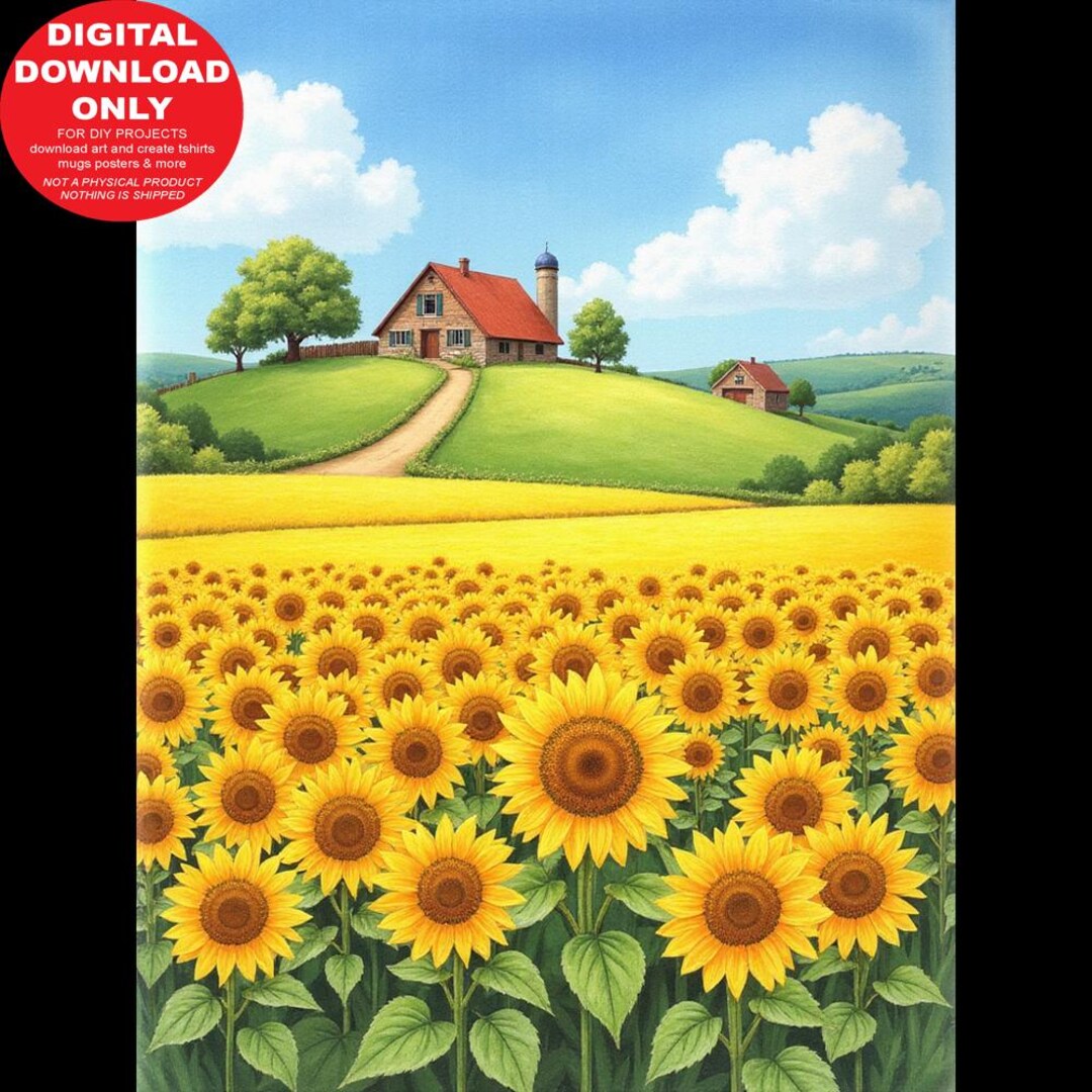 Sunflower Field Art, Farmhouse Print, Rural Landscape Poster, Summer ...