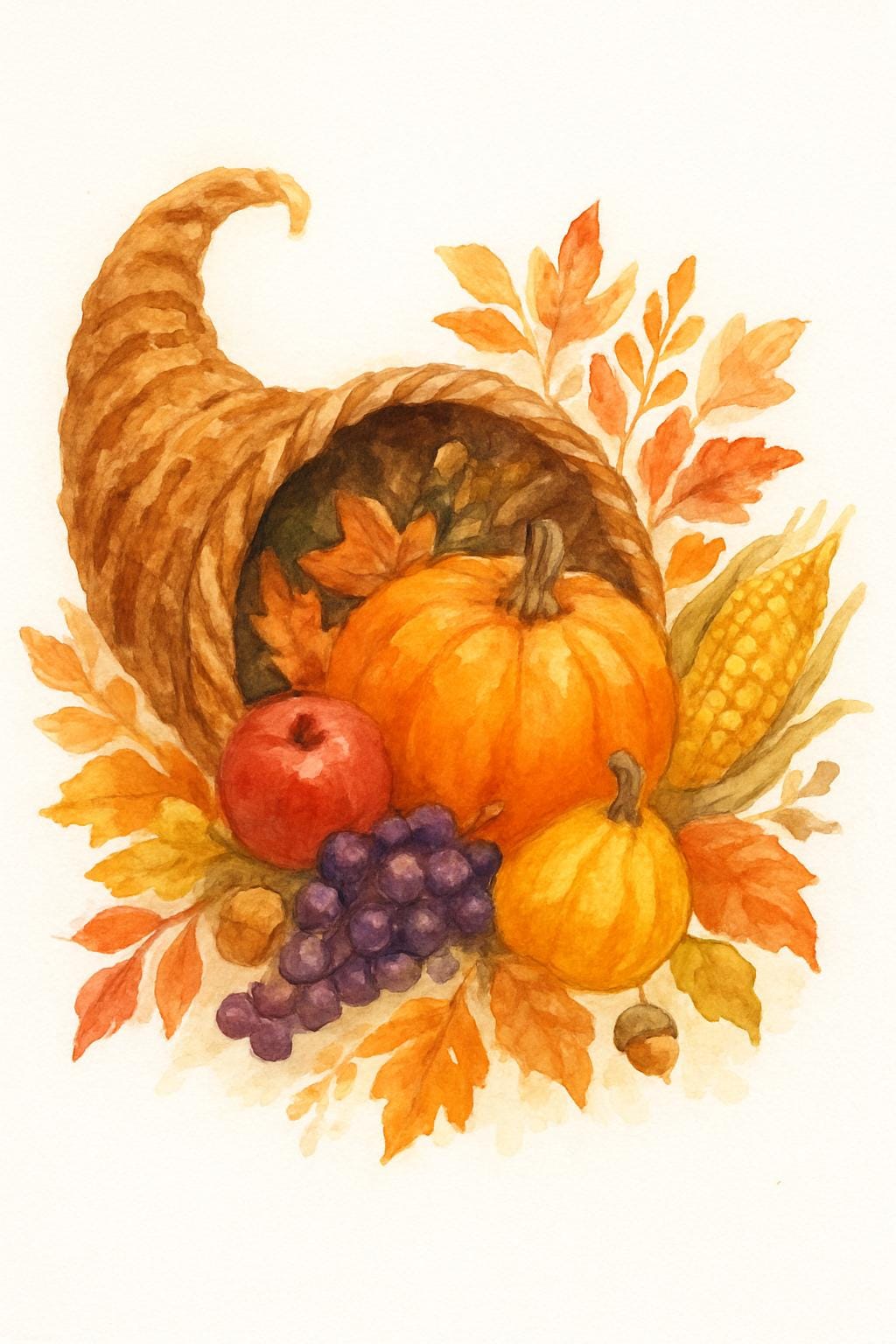 Watercolor Cornucopia Digital, Greeting Card, Postcard, Thanksgiving ...