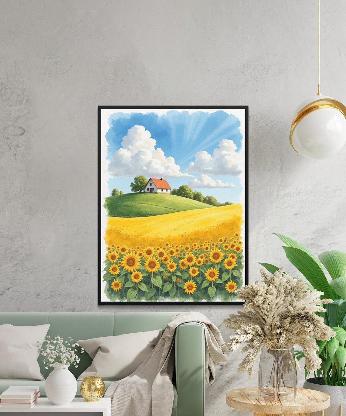 Sunflower Field Art, Cottagecore Landscape, Digital, Greeting Card ...