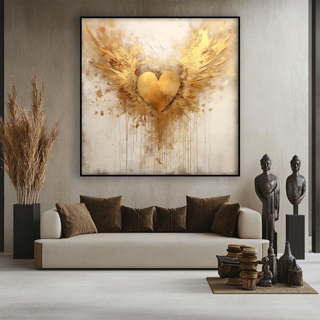 Abstract Gold Leaf Embroidered Angel Heart Oil Painting on Canvas,100% ...