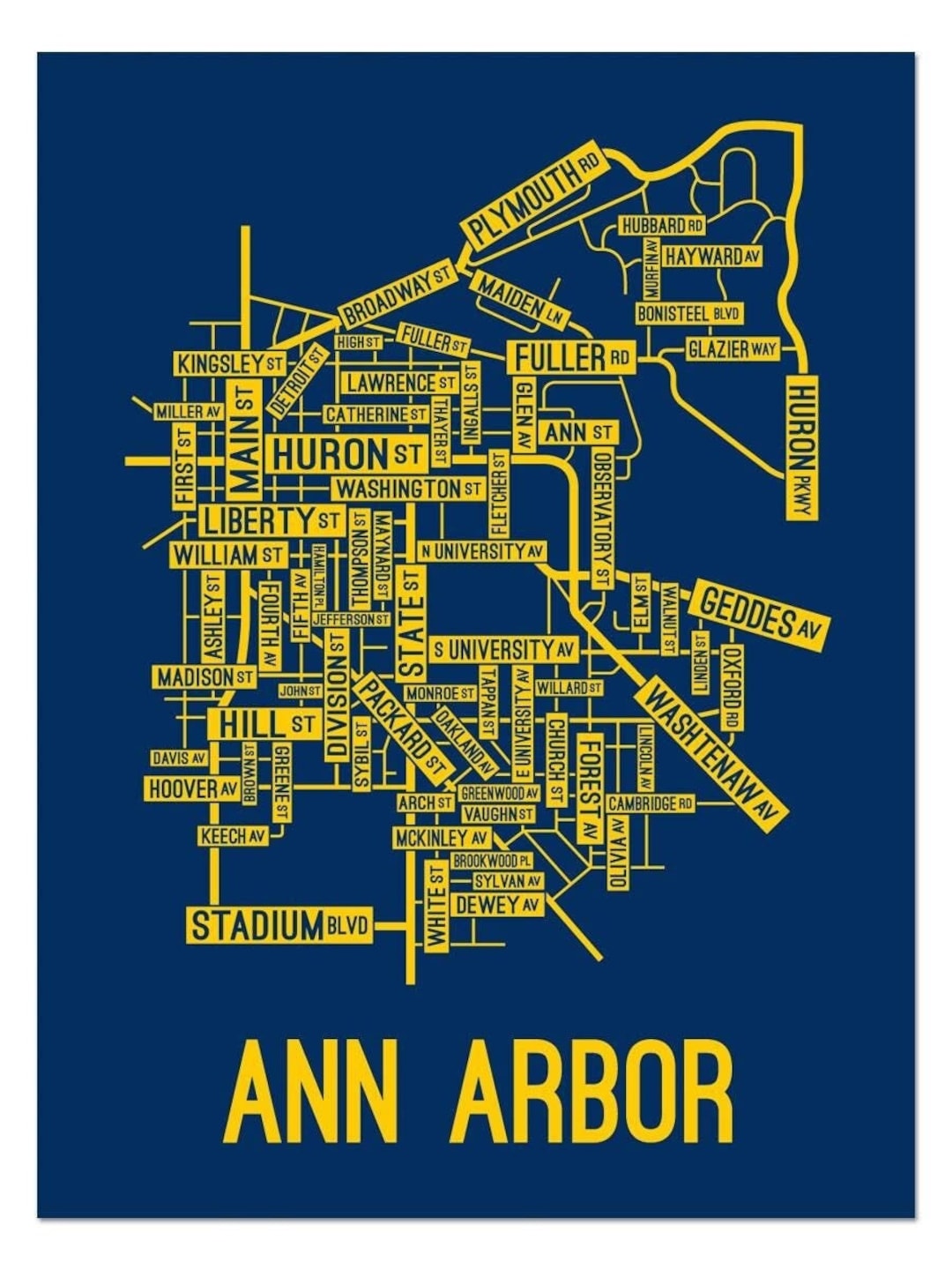 Ann Arbor, Michigan Street Map - Poster, Acrylic, Framed, and Metal ...