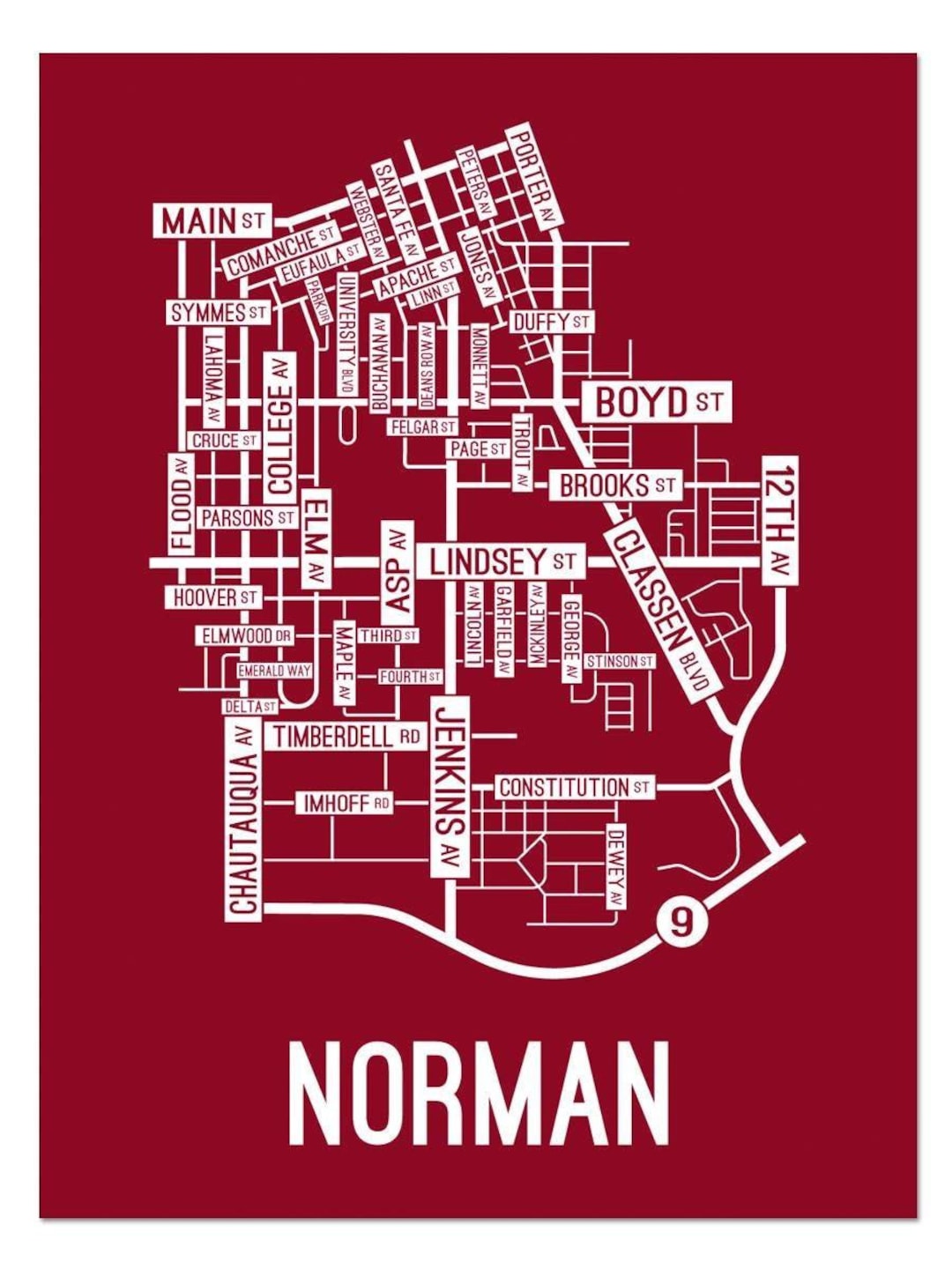 Norman, Oklahoma Street Map - Poster, Acrylic, Framed, and Metal Prints ...