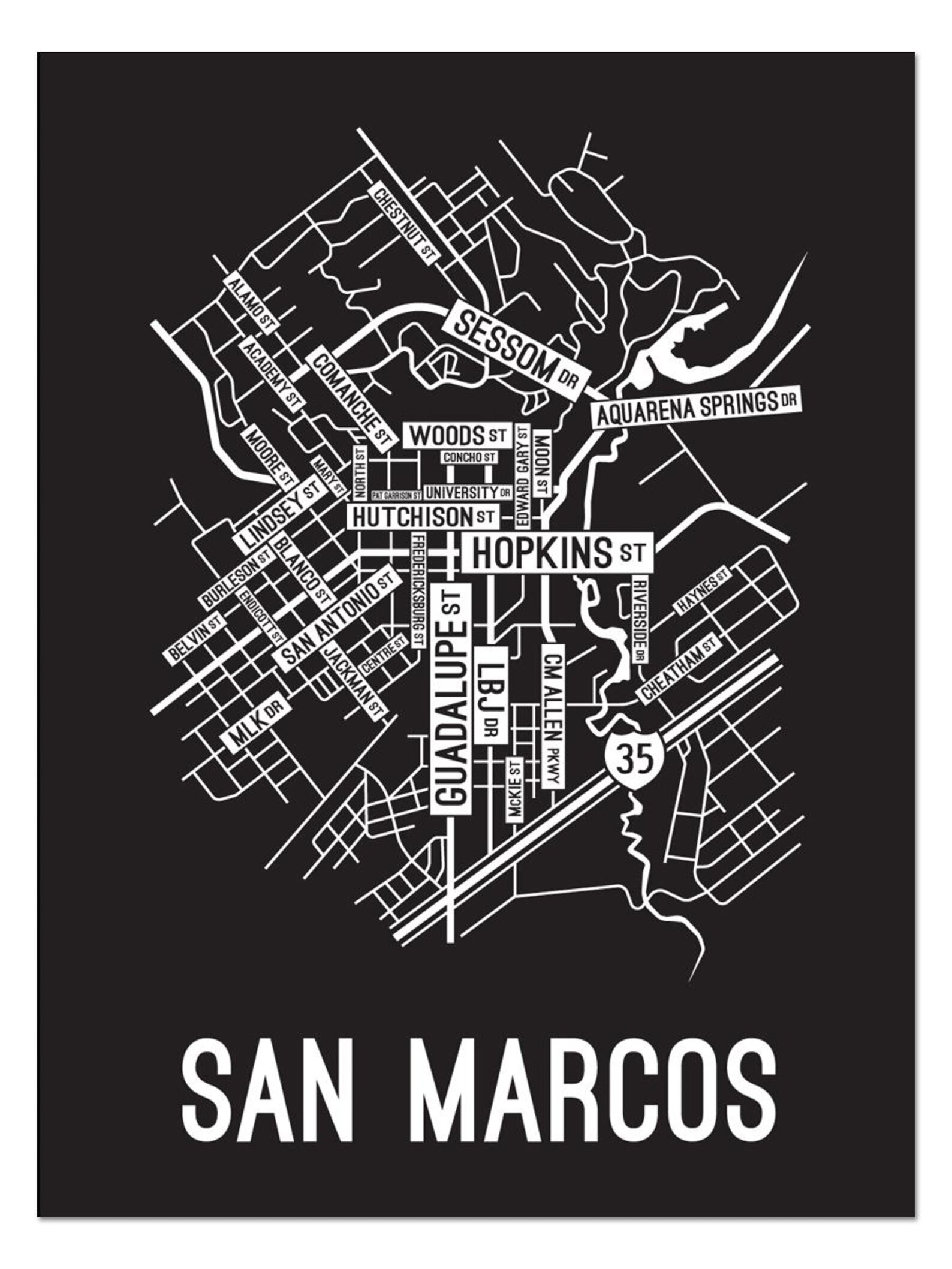 San Marcos, Texas Street Map - Poster, Acrylic, Framed, and Metal ...