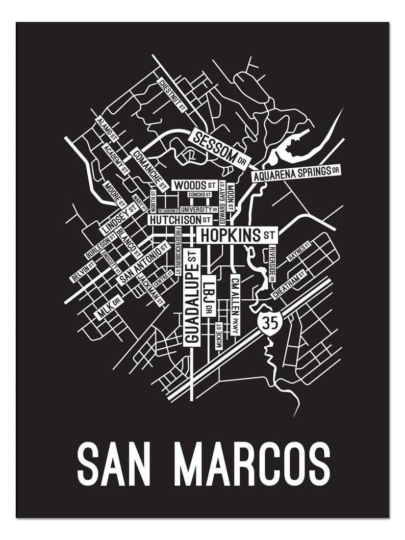 San Marcos, Texas Street Map - Poster, Acrylic, Framed, and Metal ...