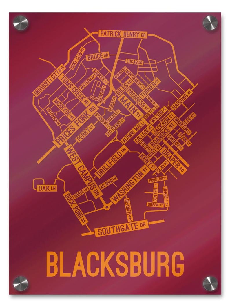 Blacksburg, Virginia Street Map - Poster, Acrylic, Framed, and Metal ...