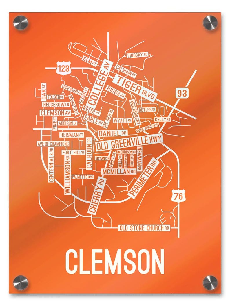 Clemson, South Carolina Street Map - Poster, Acrylic, Framed, and Metal ...