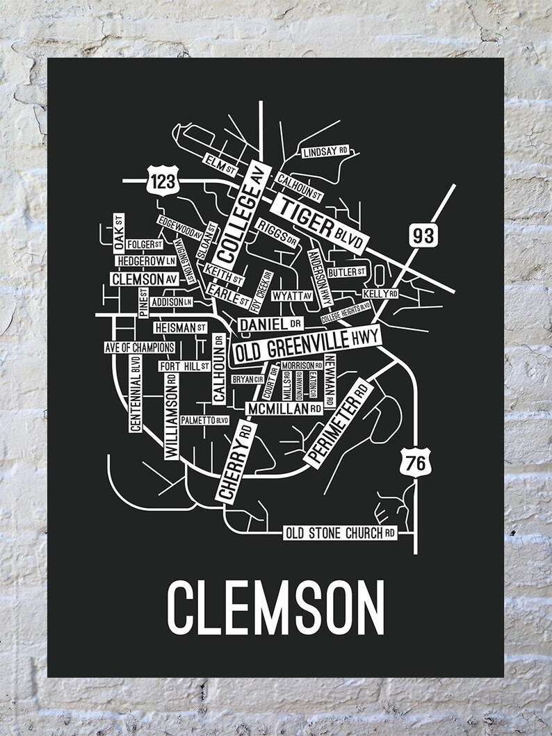 Clemson, South Carolina Street Map - Poster, Acrylic, Framed, and Metal ...