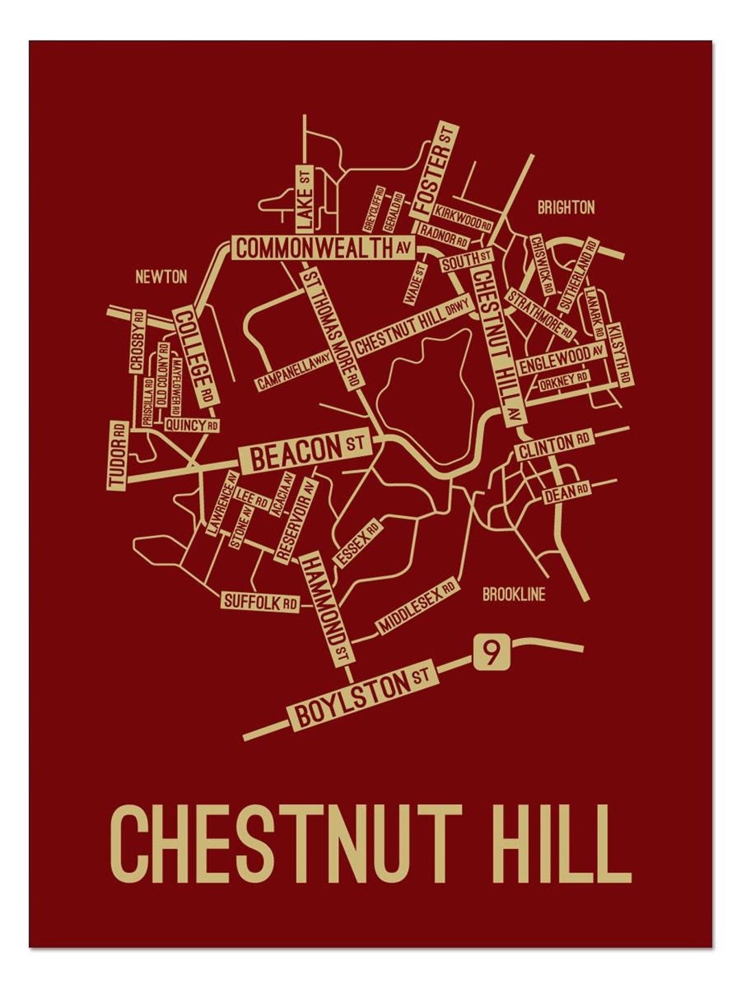 Chestnut Hill, Massachusetts Street Map - Poster, Acrylic, Framed, and ...